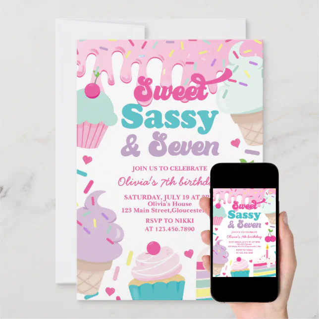 Sweet Sassy and Seven Ice Cream and Cake Birthday Invitation | Zazzle