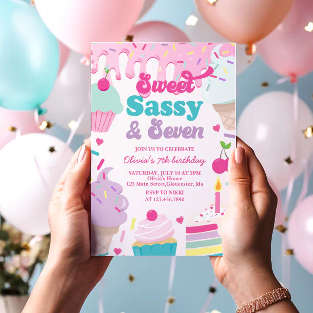 Sweet Sassy and Seven Ice Cream and Cake Birthday Invitation | Zazzle