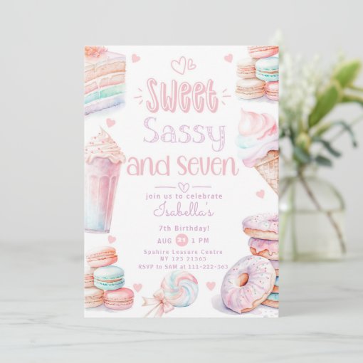 Sweet sassy and seven pastel sweets 7th birthday invitation | Zazzle