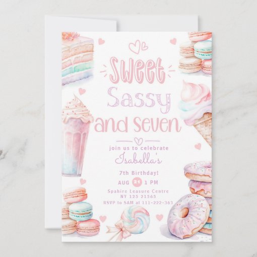 Sweet sassy and seven pastel sweets 7th birthday invitation | Zazzle