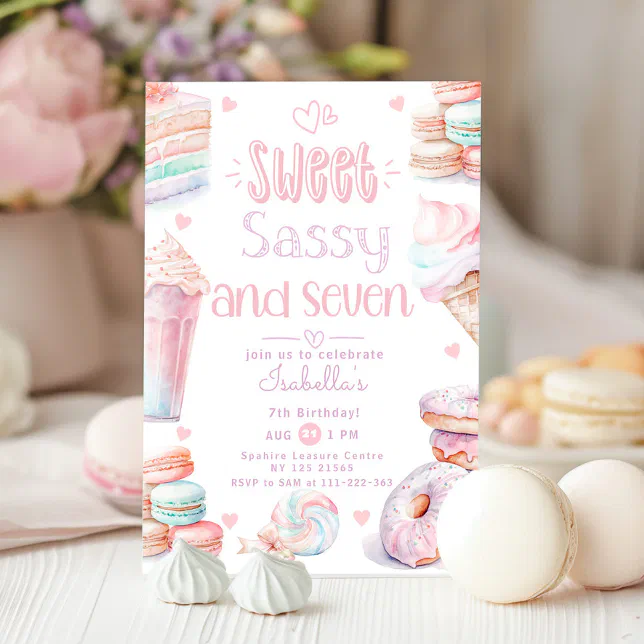 Sweet sassy and seven pastel sweets 7th birthday invitation | Zazzle