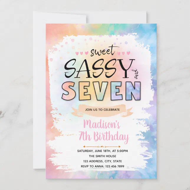 Sweet Sassy and seven tie dye birthday invitation | Zazzle
