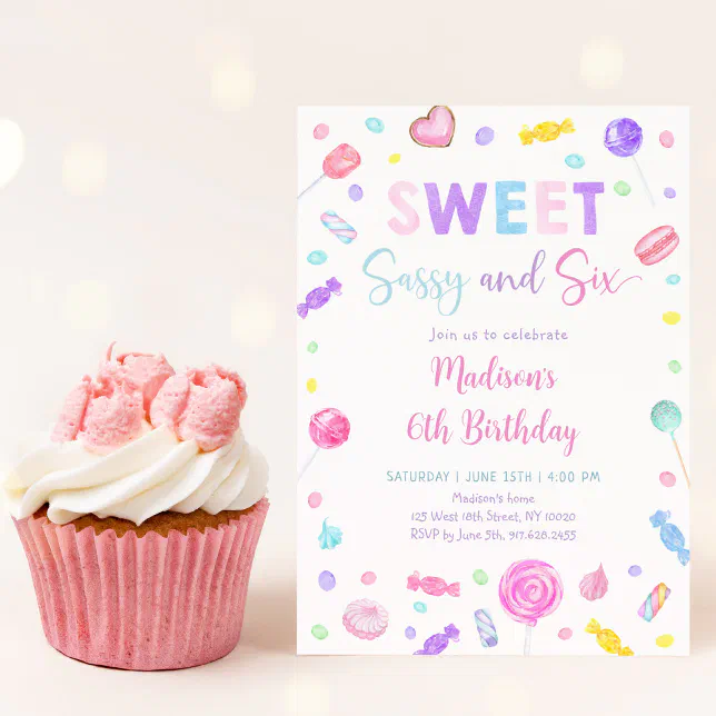 Sweet Sassy and Six Candy Birthday Invitation | Zazzle