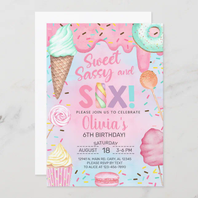 Sweet Sassy And Six Girl 6th Birthday Invitation Invitation Zazzle