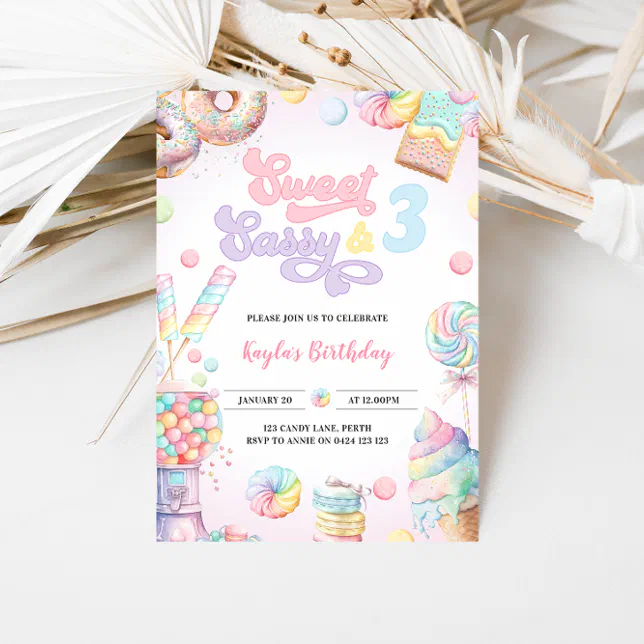 Sweet Sassy and THREE Pastel Candy 3rd Birthday Invitation | Zazzle