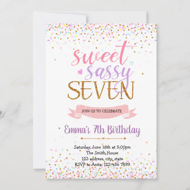 Sweet sassy seven birthday party theme invitation | Zazzle