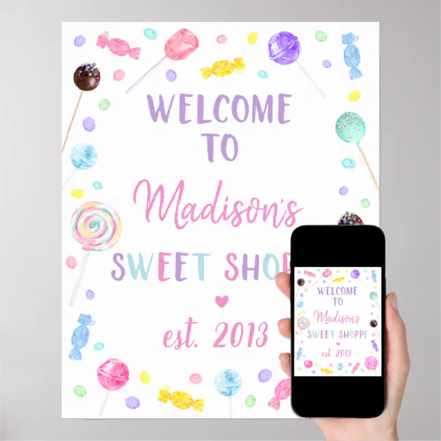 Sweet Shop Lollipop Candy Birthday Welcome Poster | Zazzle