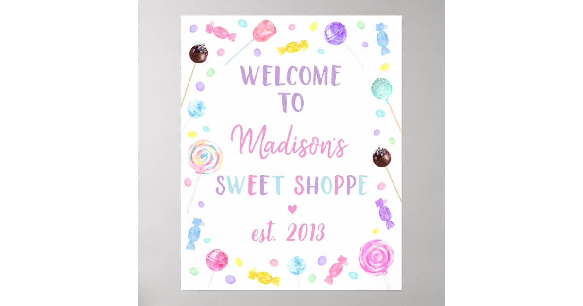 Sweet Shop Lollipop Candy Birthday Welcome Poster | Zazzle