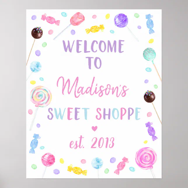 Sweet Shop Lollipop Candy Birthday Welcome Poster | Zazzle