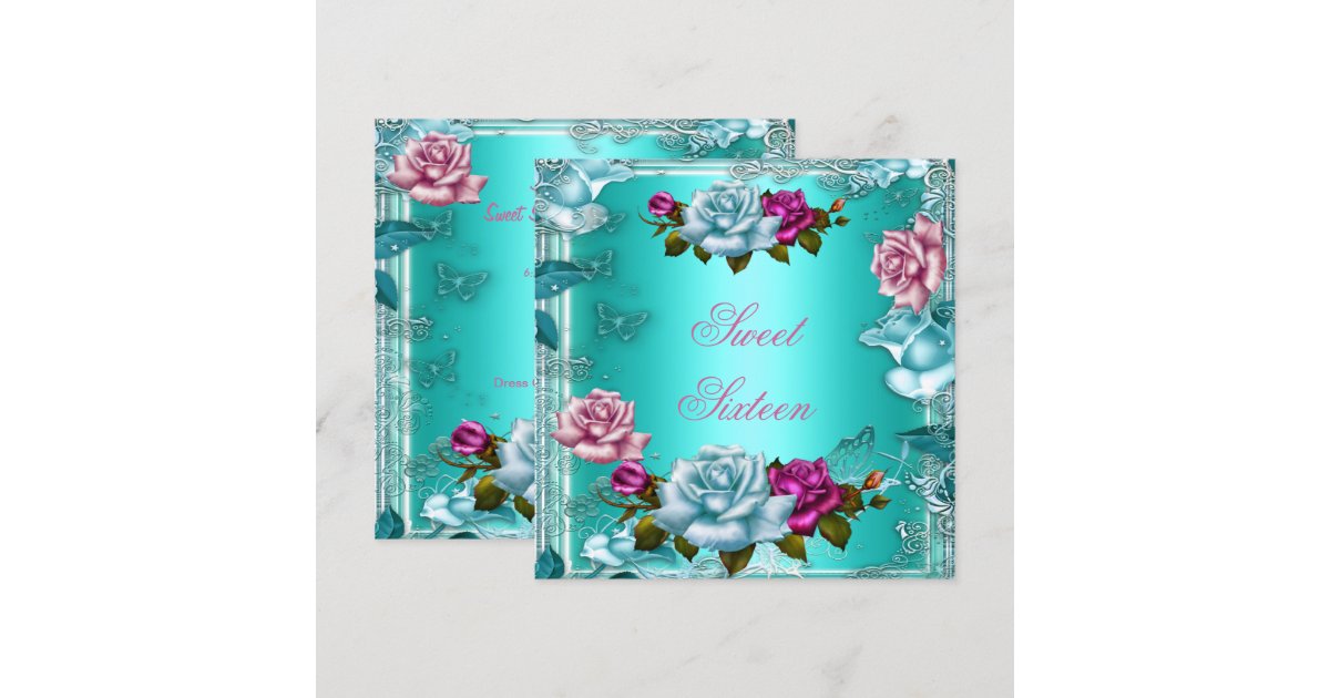 Sweet Sixteen 16 Birthday Party Teal Pink Roses 3 Invitation | Zazzle