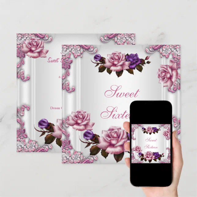 Sweet Sixteen 16 Birthday Party White Pink Roses Invitation | Zazzle