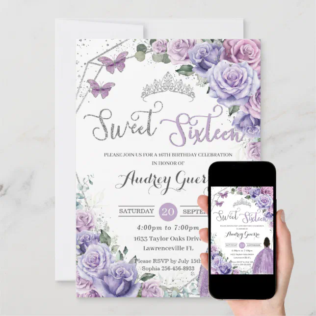 Sweet Sixteen 16 Purple Floral Princess Birthday Invitation | Zazzle