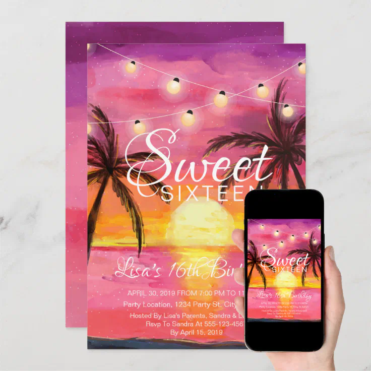 Sweet Sixteen, Beach Sunset Birthday Invitations | Zazzle