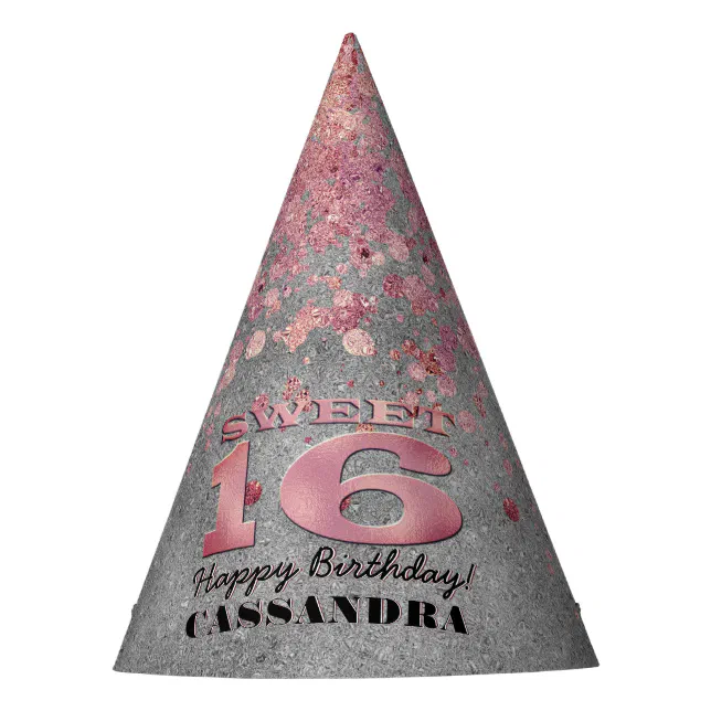 Sweet Sixteen Birthday | Silver and Pink Glitter Party Hat | Zazzle
