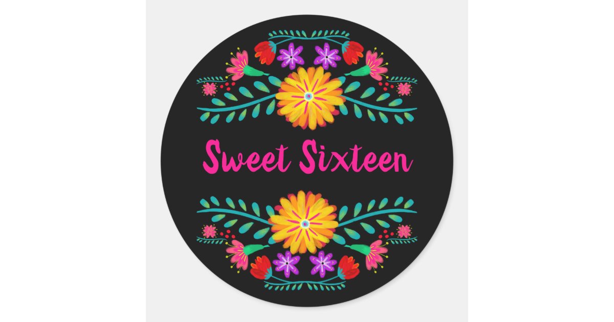 Sweet Sixteen Black and Pink Mexican Fiesta Floral Classic Round ...