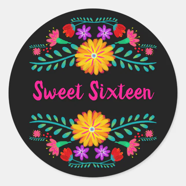 Sweet Sixteen Black and Pink Mexican Fiesta Floral Classic Round ...