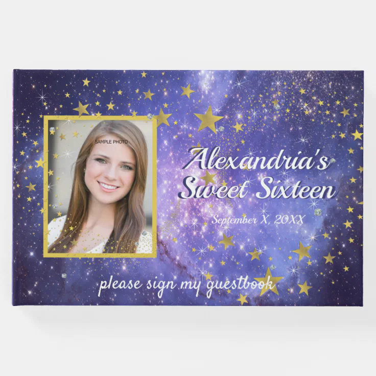 Sweet Sixteen, Blue, Gold Stars, Galaxy Sparkle Guest Book | Zazzle