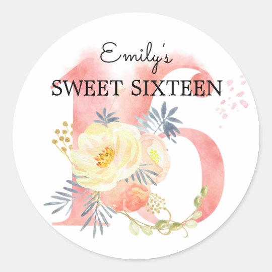 Sweet Sixteen Blush Pink Flower Number 16 Custom Classic Round Sticker ...