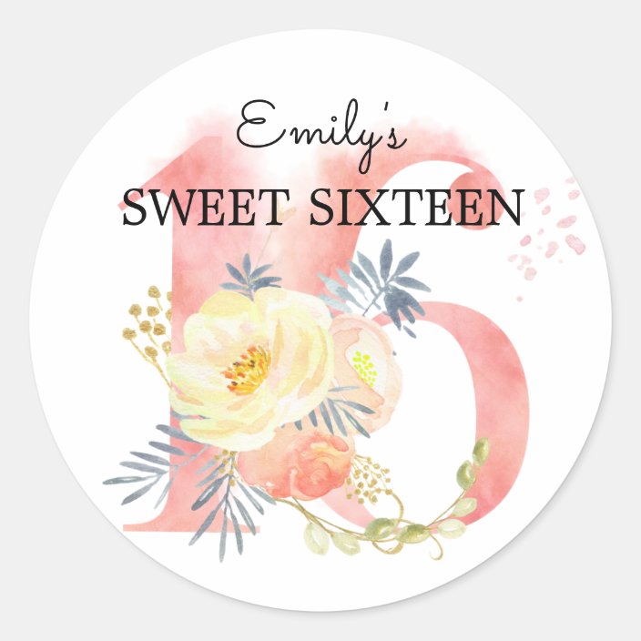 Sweet Sixteen Blush Pink Flower Number 16 Custom Classic Round Sticker ...