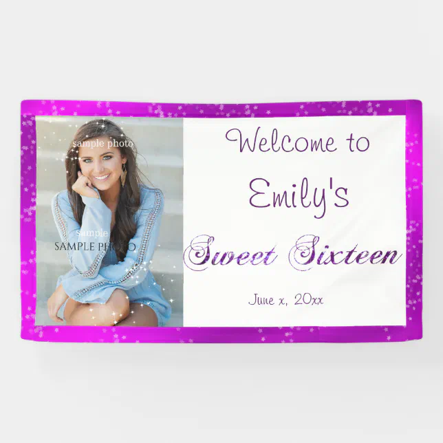 Sweet Sixteen, Custom Photo, Purple, Sparkle Banner | Zazzle