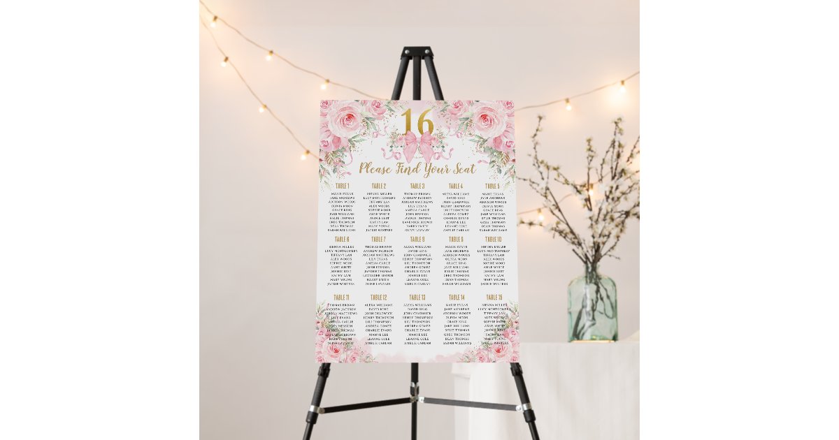 Sweet Sixteen Girly Pink Floral Bows Seating Chart Foam Board | Zazzle