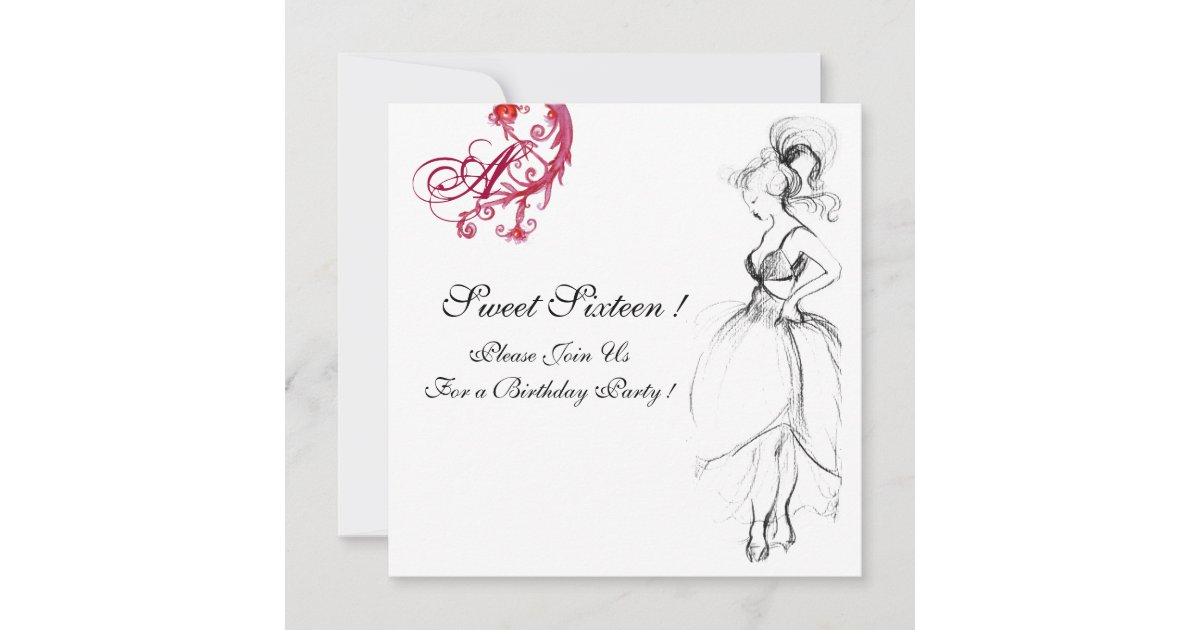 SWEET SIXTEEN PARTY MONOGRAM, red black and white Invitation | Zazzle