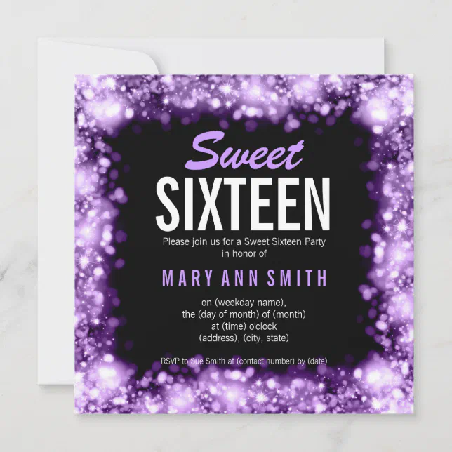 Sweet Sixteen Party Sparkling Lights Purple Invitation | Zazzle