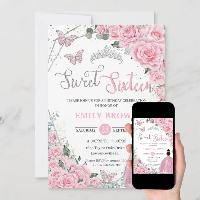 Sweet Sixteen Pink Floral Princess Silver Birthday Invitation | Zazzle