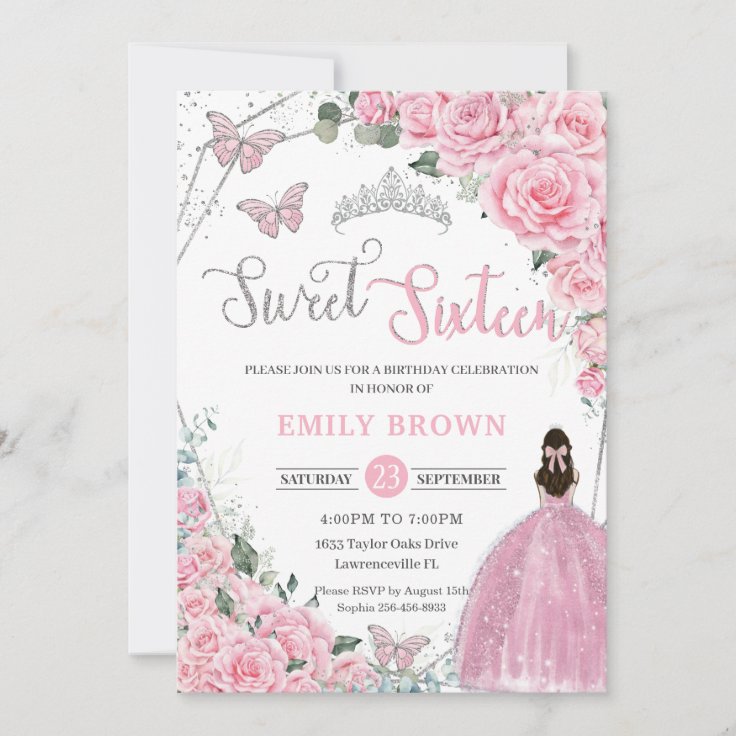 Sweet Sixteen Pink Floral Princess Silver Birthday Invitation | Zazzle