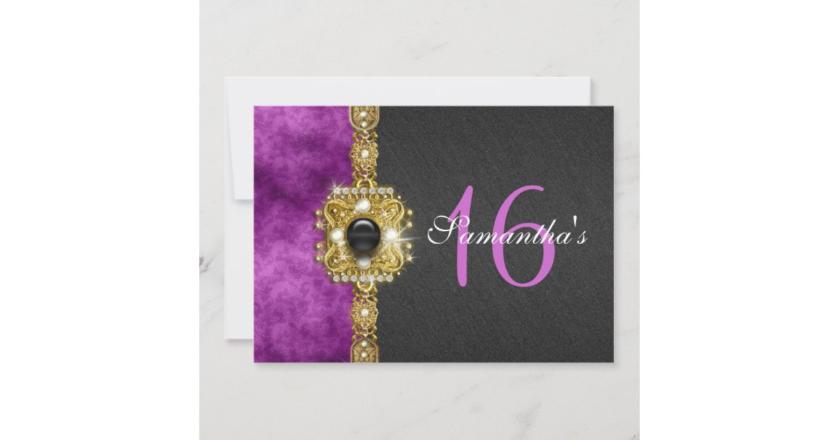 "sweet sixteen" purple black 16 birthday invitation | Zazzle