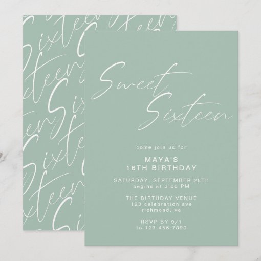 Sweet Sixteen Script Sage Green Mint 16th Birthday Invitation | Zazzle
