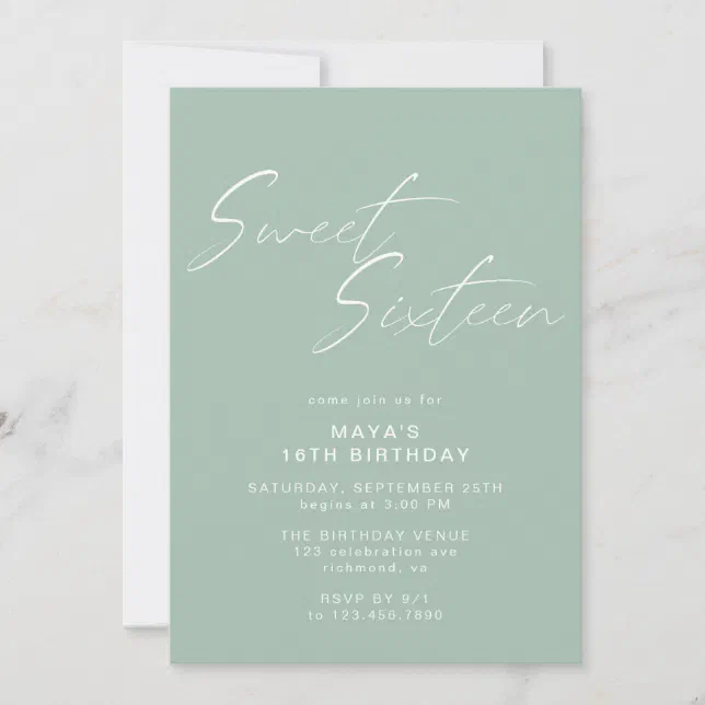 Sweet Sixteen Script Sage Green Mint 16th Birthday Invitation | Zazzle