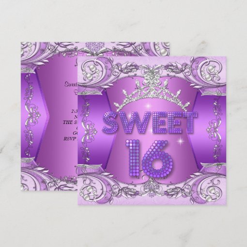 Sweet Sixteen Sweet 16 Purple Silver Tiara Invitation | Zazzle