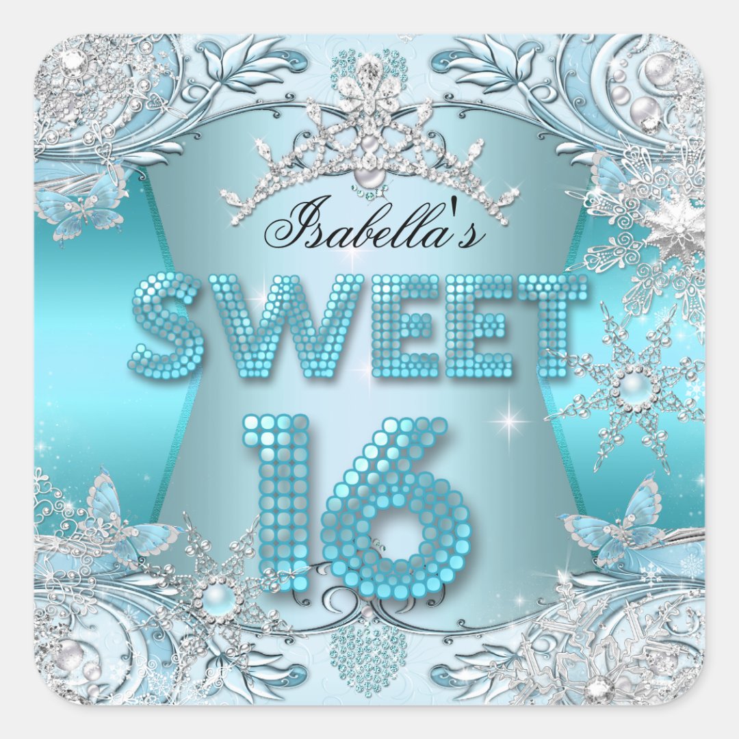 Sweet Sixteen Sweet 16 Teal snowflake Silver Tiara Square Sticker | Zazzle