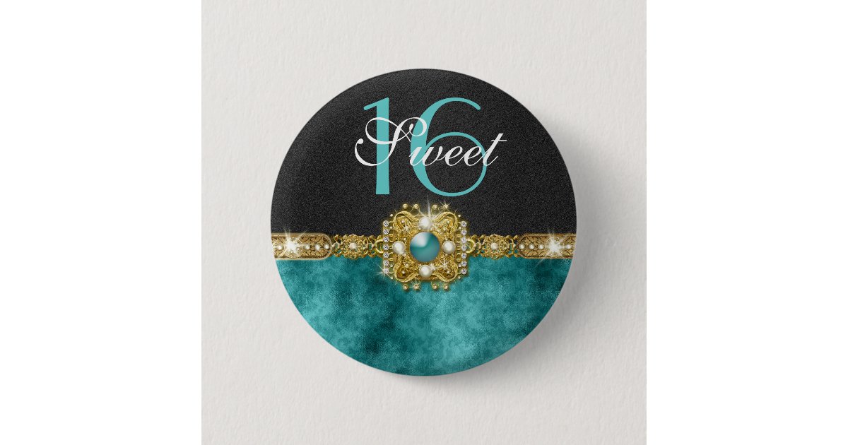 "sweet sixteen" teal black 16 birthday pinback button | Zazzle