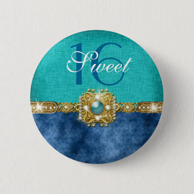 "sweet sixteen" teal blue 16 birthday button | Zazzle