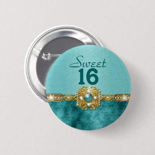 "sweet sixteen" teal gold 16 birthday button | Zazzle