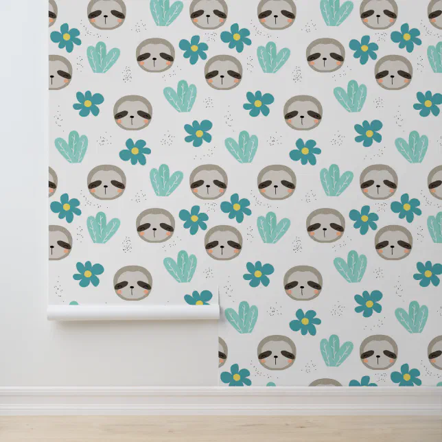 Sweet Sloth Floral Pattern Wallpaper | Zazzle