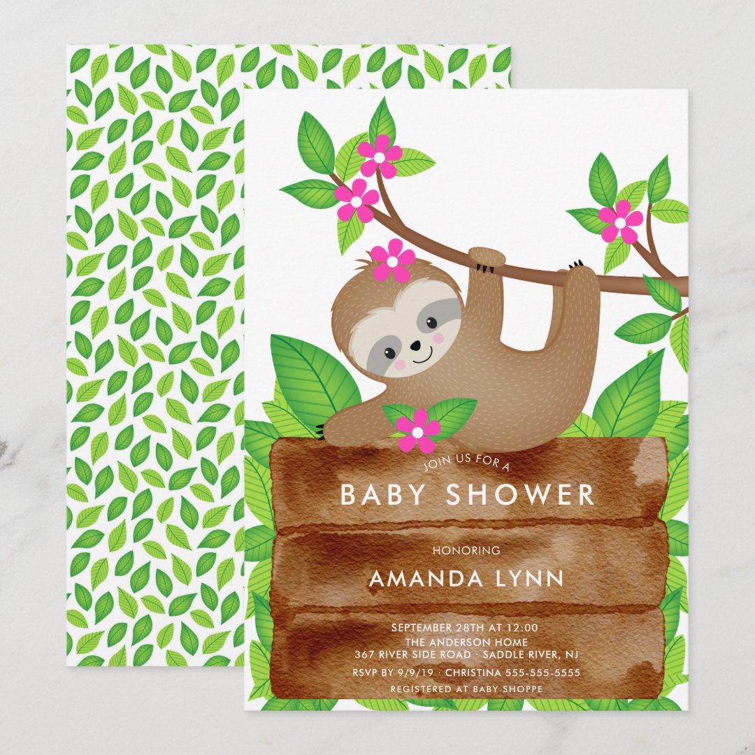 Sweet Sloth Girls Baby Shower Invitation | Zazzle