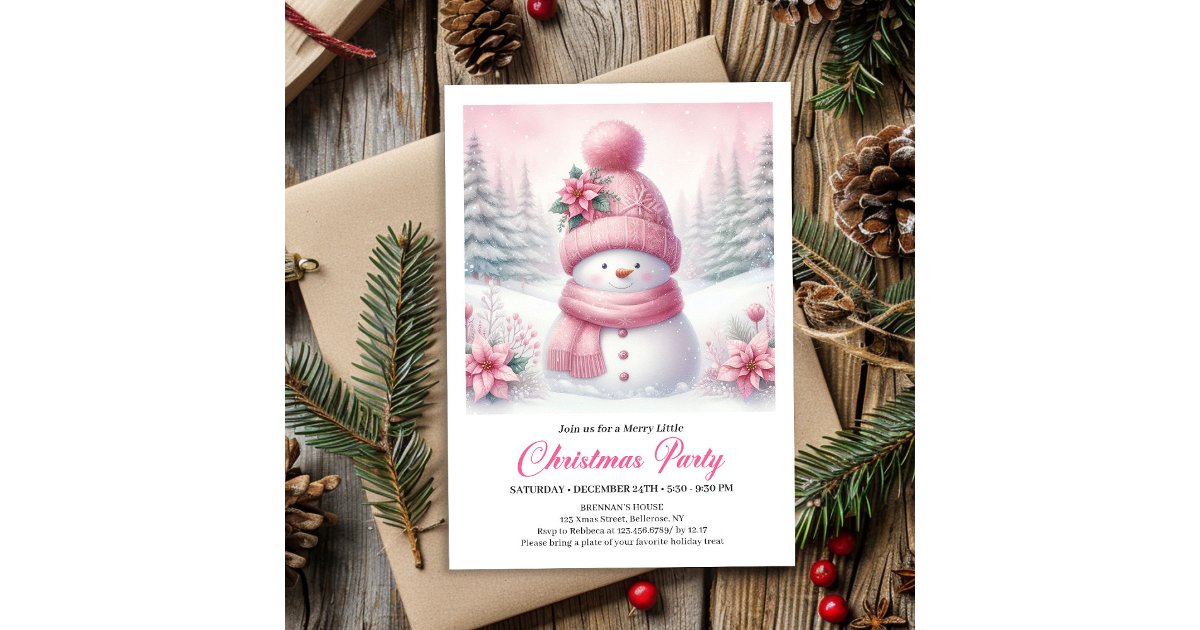 Sweet Snowy Forest Pink Snowman Editable Christmas Invitation | Zazzle