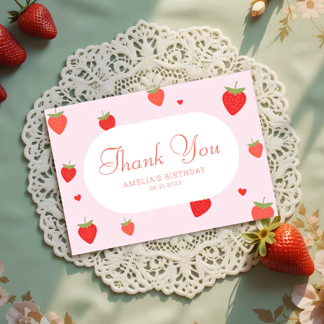 Sweet Strawberries Pink Girly Birthday Thank You Card | Zazzle