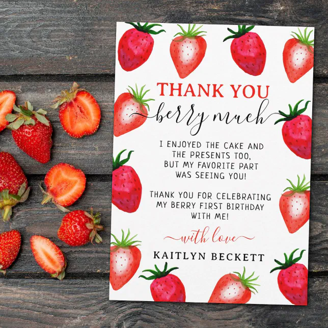 Sweet Strawberry Berry First 1st Birthday Thank You Card | Zazzle