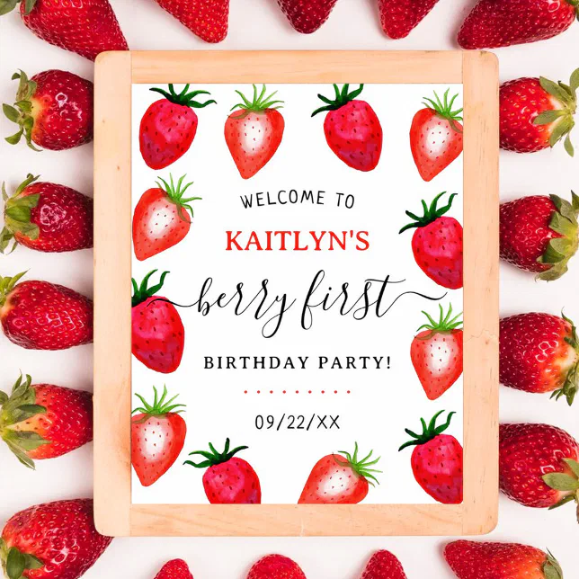 Sweet Strawberry Berry First 1st Birthday Welcome Poster | Zazzle