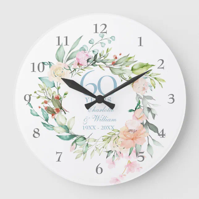 Sweet Summer Roses Garland 60th / 75th Anniversary Large Clock | Zazzle
