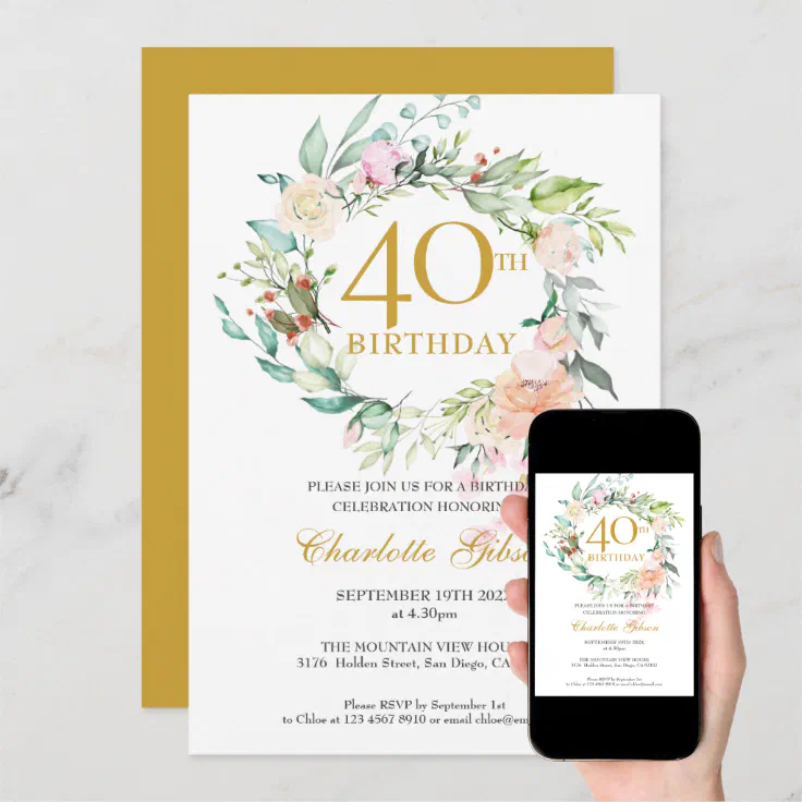 Sweet Summer Roses Garland Monogram 40th Birthday Invitation | Zazzle
