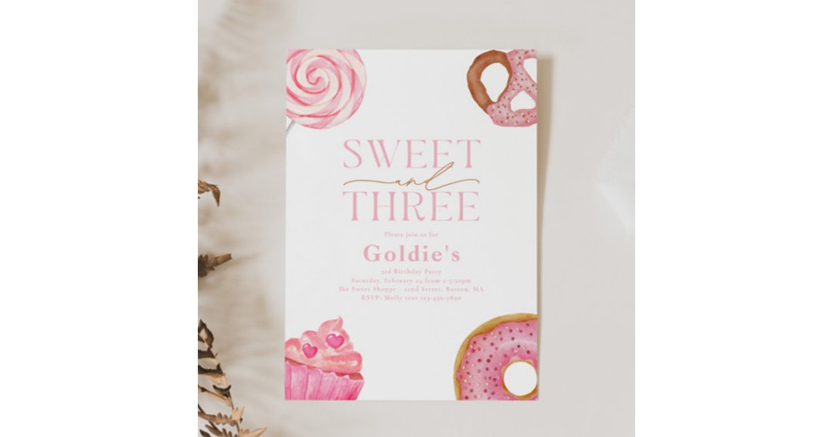 Sweet Three Birthday Party Invitations | Zazzle