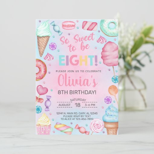 Sweet to be EIGHT candy girl 8th birthday invite. Invitation | Zazzle