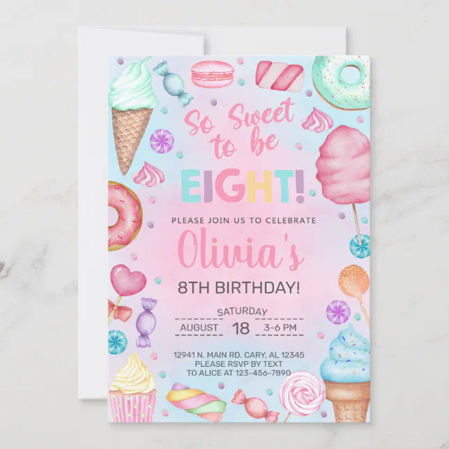 Sweet to be EIGHT candy girl 8th birthday invite. Invitation | Zazzle