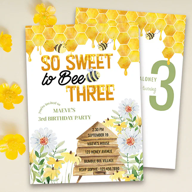 Sweet to Bee Three Hive and Honeycomb 3rd Birthday Invitation | Zazzle