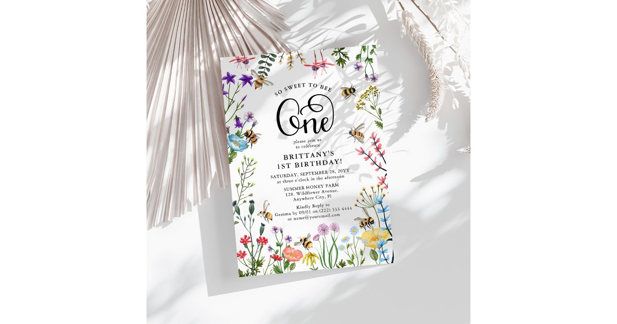 'Sweet to Bee' Wildflower & BumbleBee 1st Birthday Invitation | Zazzle